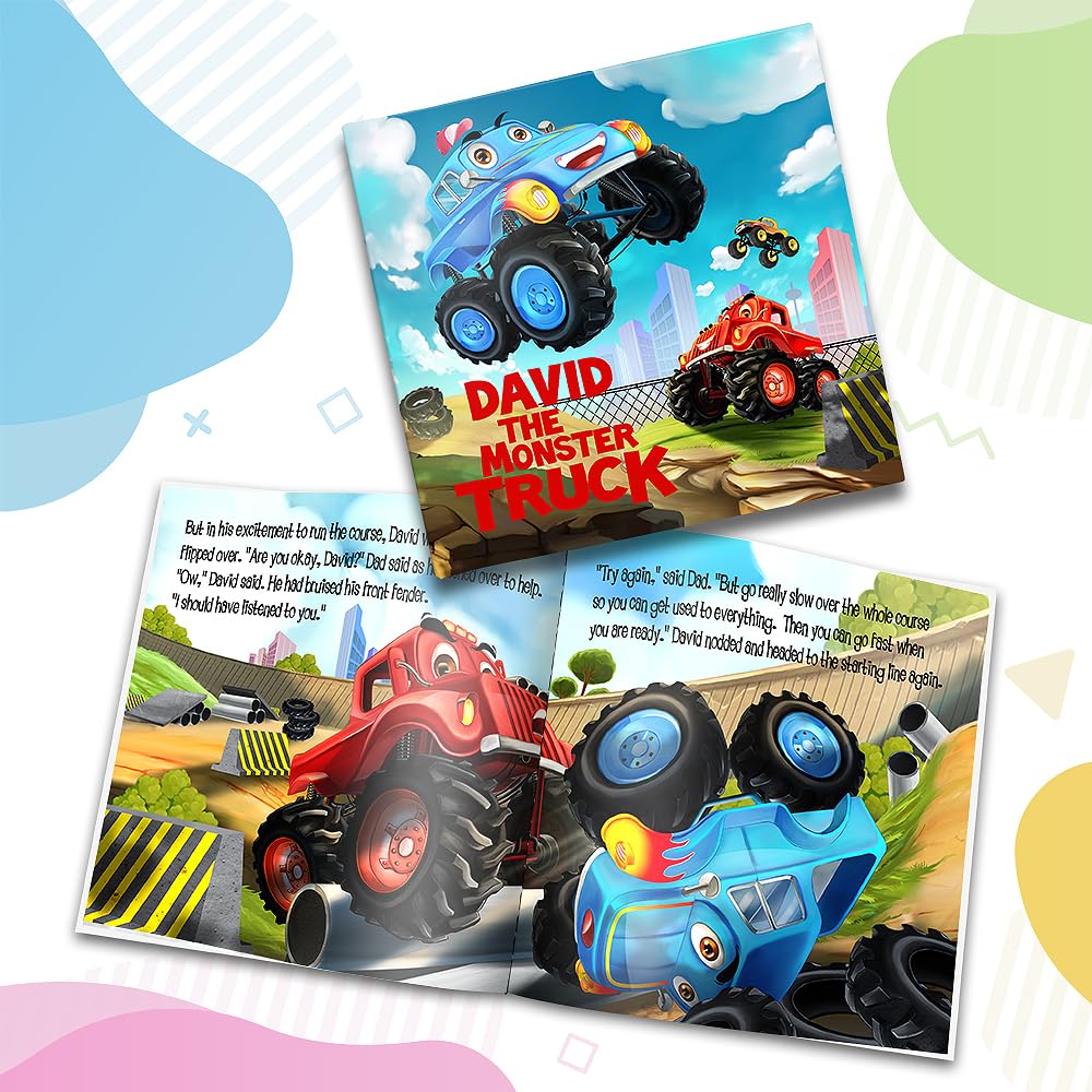 Personalized Story Book by Dinkleboo - "The Monster Truck" - A Story About Your Child and Being A Monster Truck - for Children Aged 0 to 8 Years Old - Soft Cover - Smooth, Glossy Finish (8"x 8")