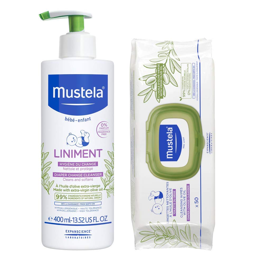 Mustela Olive Oil Liniment Set for Diaper Changes and Cleanups, with Liniment and Extra Virgin Olive Oil Cleansing Wipes, 2 Count