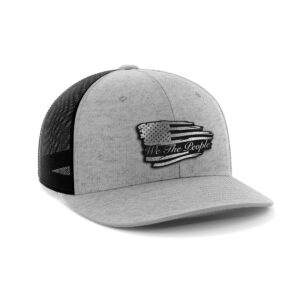 torn we the people black leather patch hat (hth grey/black) - adjustable trucker hats with snapback