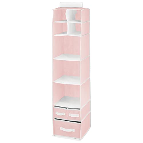 mDesign Fabric Hanging Organizer - Over Closet Rod Storage - 7 Shelves/3 Removable Drawers for Baby Nursery or Bedroom Organization, Holds Clothes, Toys, Accessories, Jane Collection, Pink/White