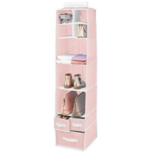 mDesign Fabric Hanging Organizer - Over Closet Rod Storage - 7 Shelves/3 Removable Drawers for Baby Nursery or Bedroom Organization, Holds Clothes, Toys, Accessories, Jane Collection, Pink/White