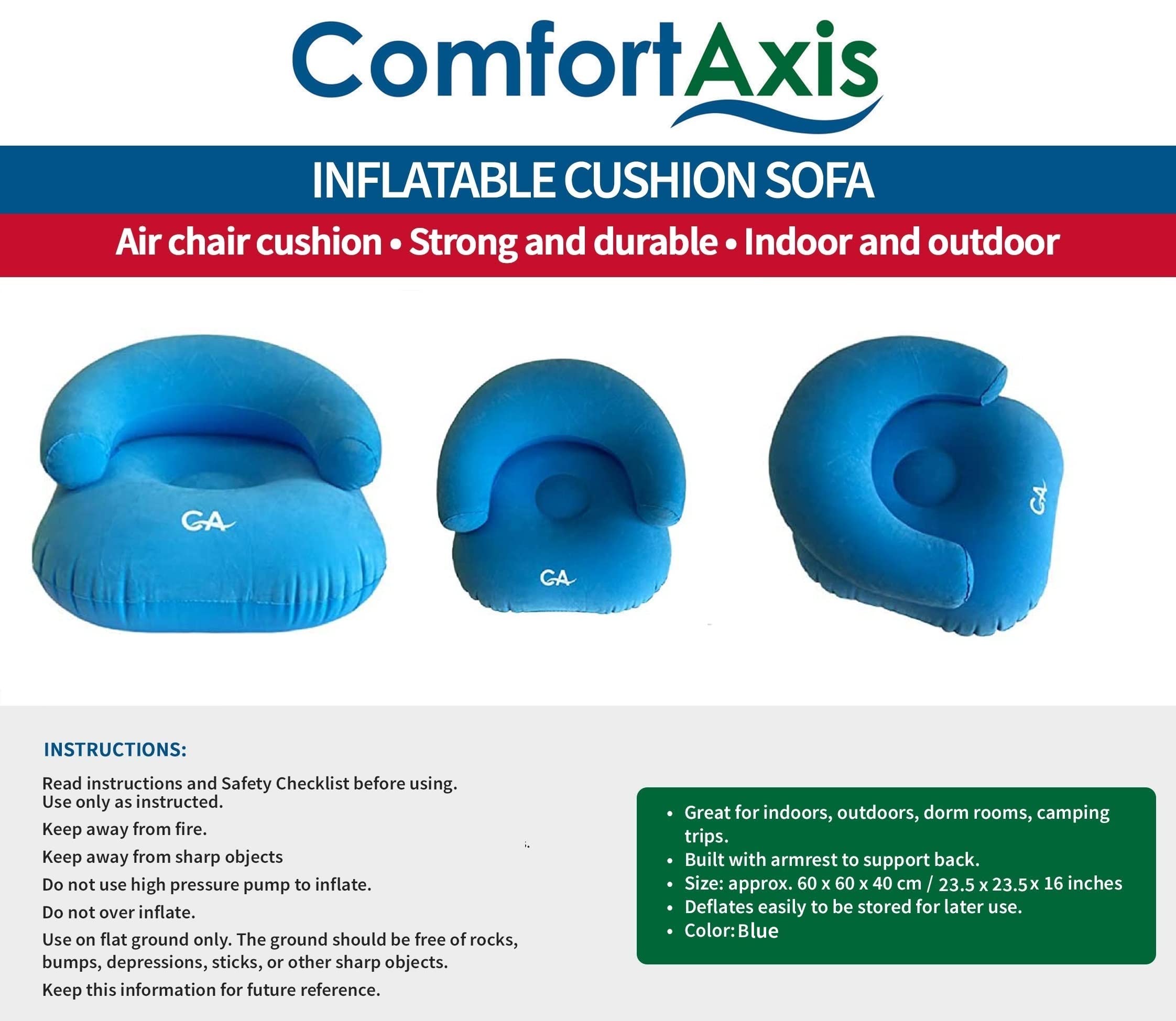 Comfort Axis Heavy Duty Inflatable Flocking Lounger Sofa, Wide Armrest Design for Kids Blue 23.5" by 23.5" by 16"