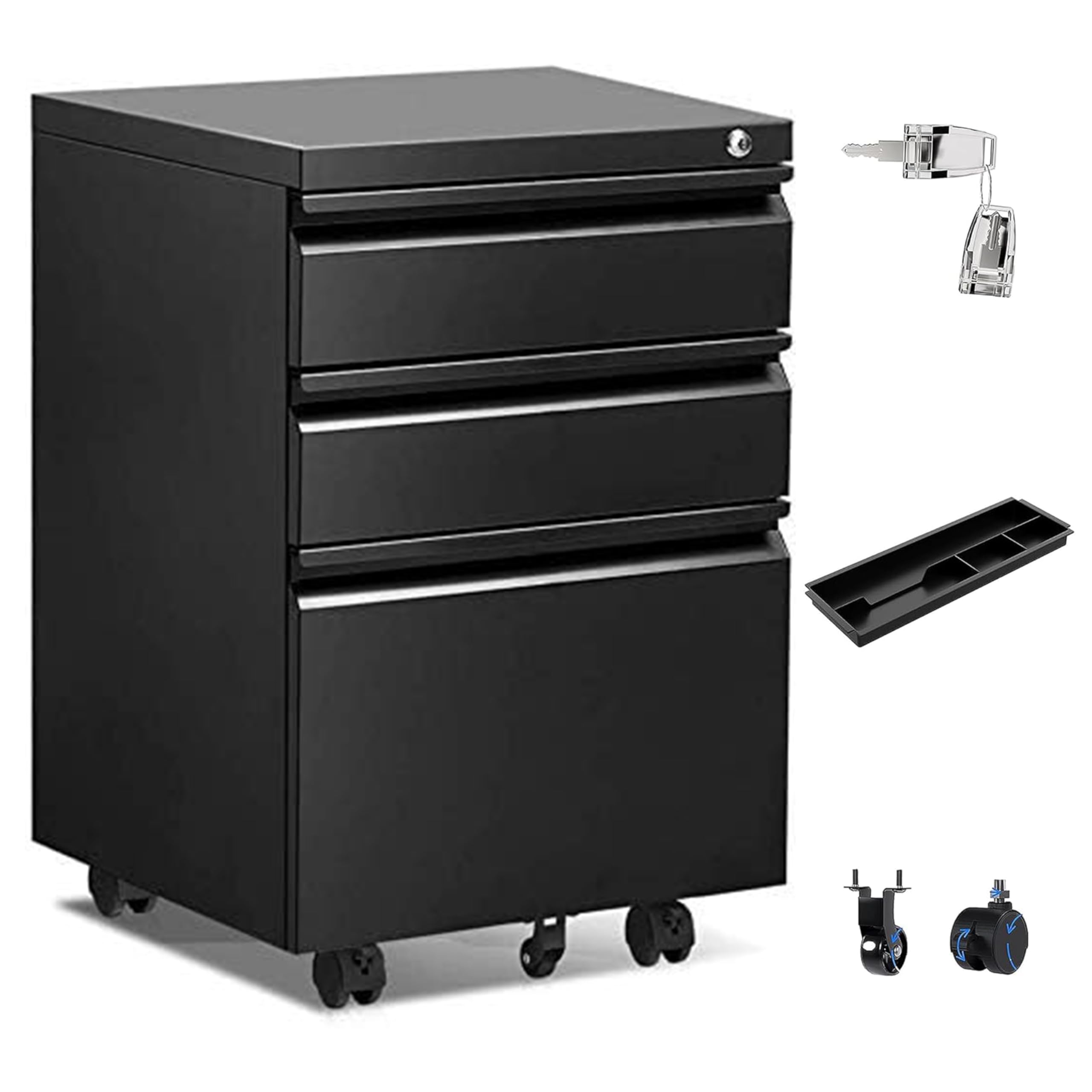 Aobabo 3 Drawer File Cabinet with Wheels,Metal Filing Cabinet for Office,Business,Home,Enterprise for Legal/Letter Size,Black,Fully Assembly