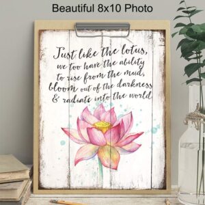 Inspirational Zen Art Print - 8x10 Motivational Lotus Wall Art Photo - Unique Spiritual Home Decor for Yoga Studio, Bathroom, Bedroom - Gift for Women, Meditation Buddha Fans - Unframed Poster