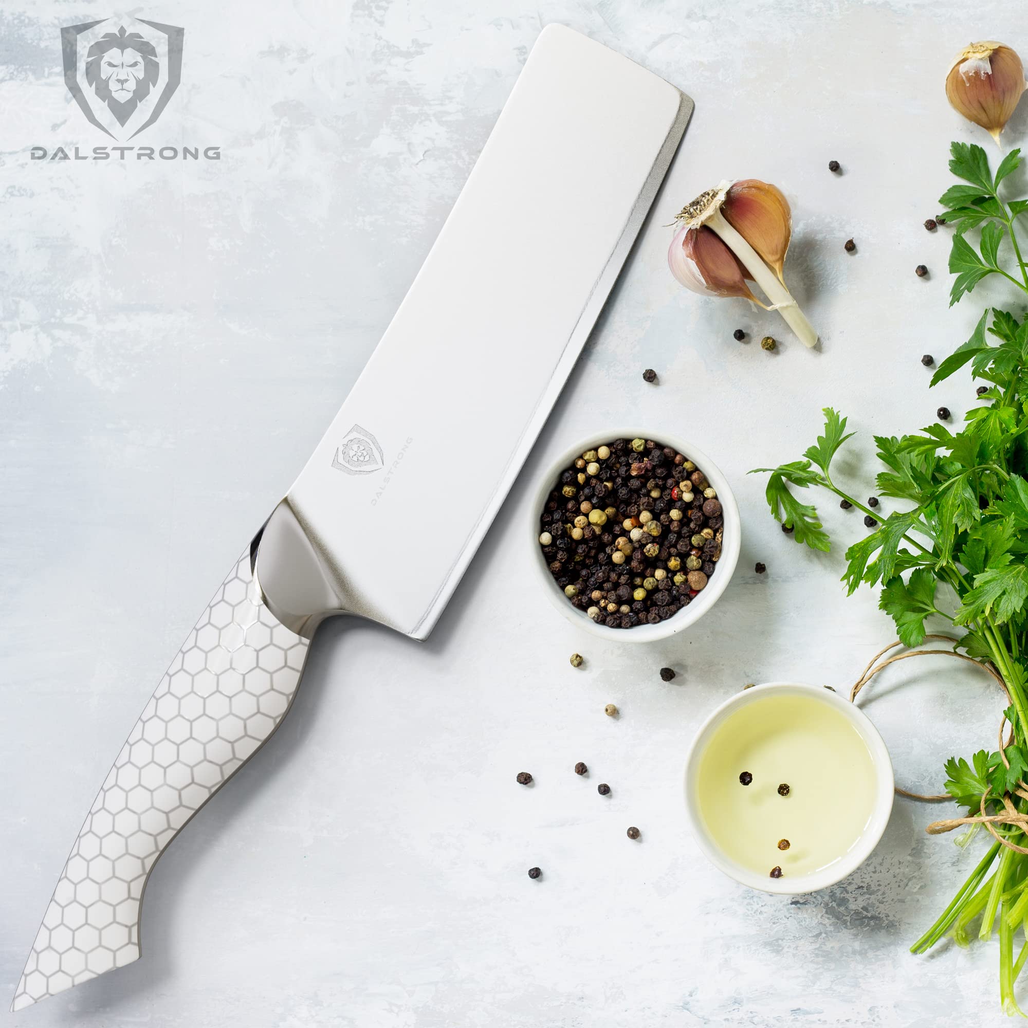 Dalstrong Nakiri Knife - 6.5 inch - Frost Fire Series - High Chromium 10CR15MOV Stainless Steel Vegetable Knife - Frosted Sandblast Finish - White Honeycomb Handle - Leather Sheath - NSF Certified