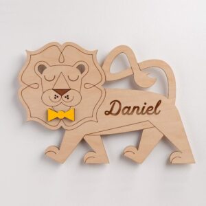 lion nursery room sign personalized name wooden animal wall hanging handmade baby gift