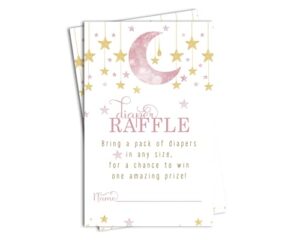 twinkle little star diaper raffle tickets, celestial baby shower games for prizes, pink and gold baby shower diaper raffle invitation insert cards, 50 pack