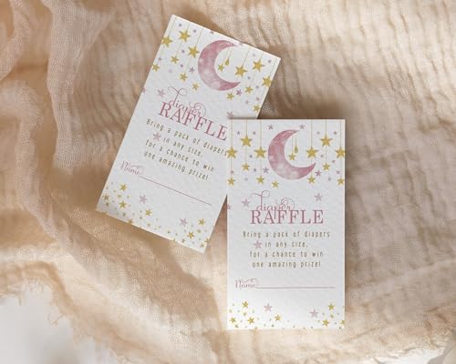 Twinkle Little Star Diaper Raffle Tickets, Celestial Baby Shower Games for Prizes, Pink and Gold Baby Shower Diaper Raffle Invitation Insert Cards, 50 Pack