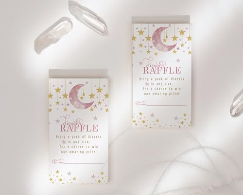 Twinkle Little Star Diaper Raffle Tickets, Celestial Baby Shower Games for Prizes, Pink and Gold Baby Shower Diaper Raffle Invitation Insert Cards, 50 Pack