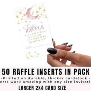 Twinkle Little Star Diaper Raffle Tickets, Celestial Baby Shower Games for Prizes, Pink and Gold Baby Shower Diaper Raffle Invitation Insert Cards, 50 Pack