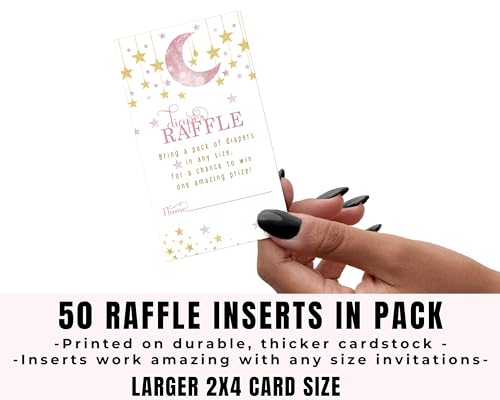 Twinkle Little Star Diaper Raffle Tickets, Celestial Baby Shower Games for Prizes, Pink and Gold Baby Shower Diaper Raffle Invitation Insert Cards, 50 Pack