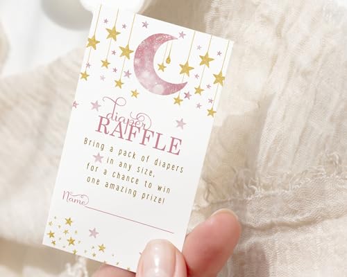 Twinkle Little Star Diaper Raffle Tickets, Celestial Baby Shower Games for Prizes, Pink and Gold Baby Shower Diaper Raffle Invitation Insert Cards, 50 Pack