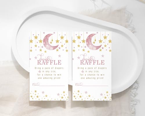 Twinkle Little Star Diaper Raffle Tickets, Celestial Baby Shower Games for Prizes, Pink and Gold Baby Shower Diaper Raffle Invitation Insert Cards, 50 Pack