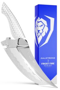 dalstrong fillet knife - 6 inch - frost fire series - high chromium 10cr15comov steel - frosted sandblast finish - white honeycomb handle - meat boning knife - leather sheath - nsf certified