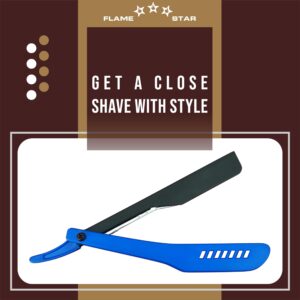 Royal Blue Black Straight Edge Barber Razor, Durable Plastic Handle Slide out Razor for Men with 10 Blades by "FLAME STAR''