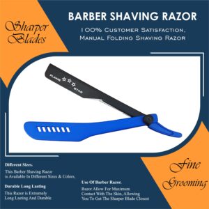 Royal Blue Black Straight Edge Barber Razor, Durable Plastic Handle Slide out Razor for Men with 10 Blades by "FLAME STAR''