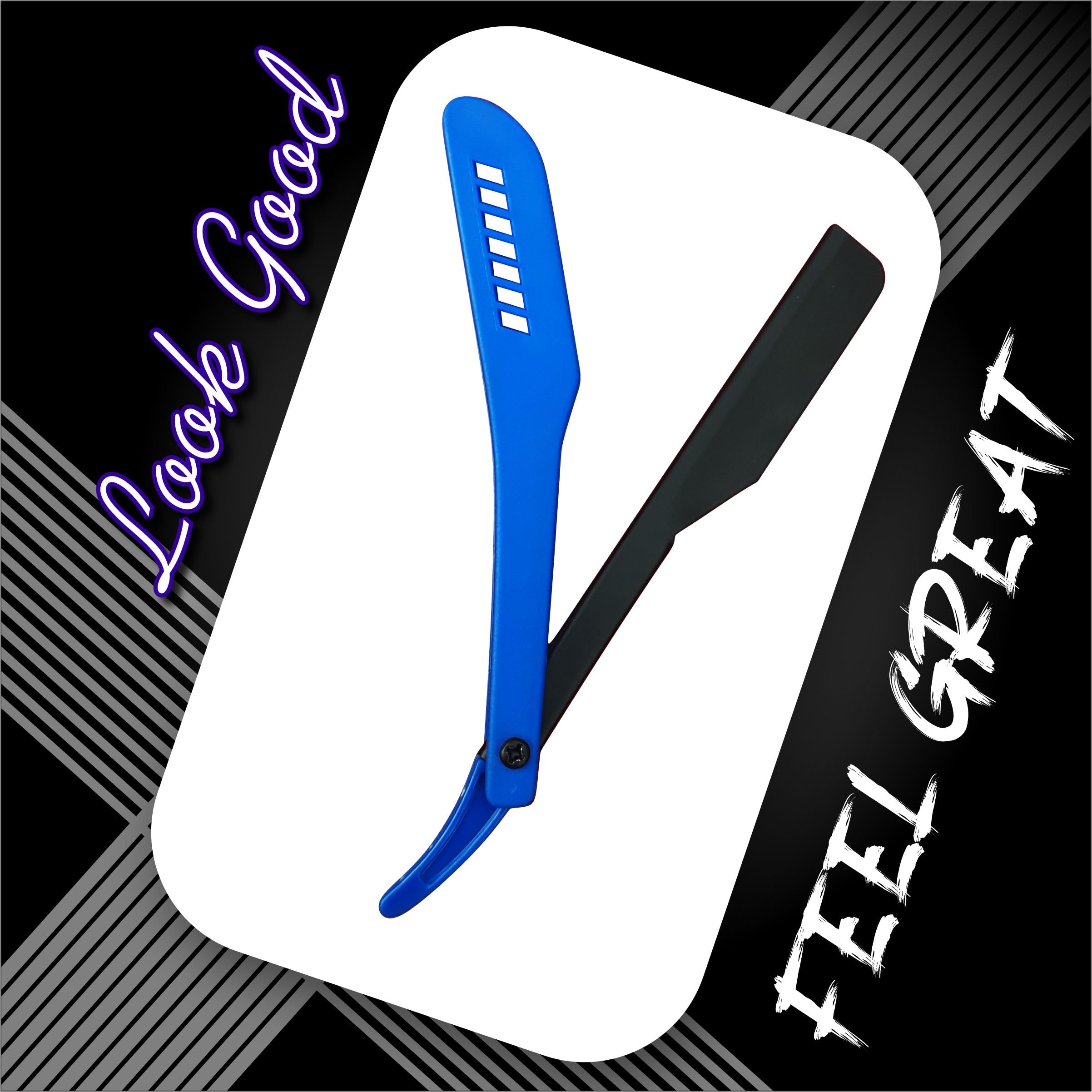 Royal Blue Black Straight Edge Barber Razor, Durable Plastic Handle Slide out Razor for Men with 10 Blades by "FLAME STAR''