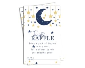 twinkle little star diaper raffle tickets, celestial baby shower games for prizes, navy and gold baby shower diaper raffle invitation insert cards, 50 pack