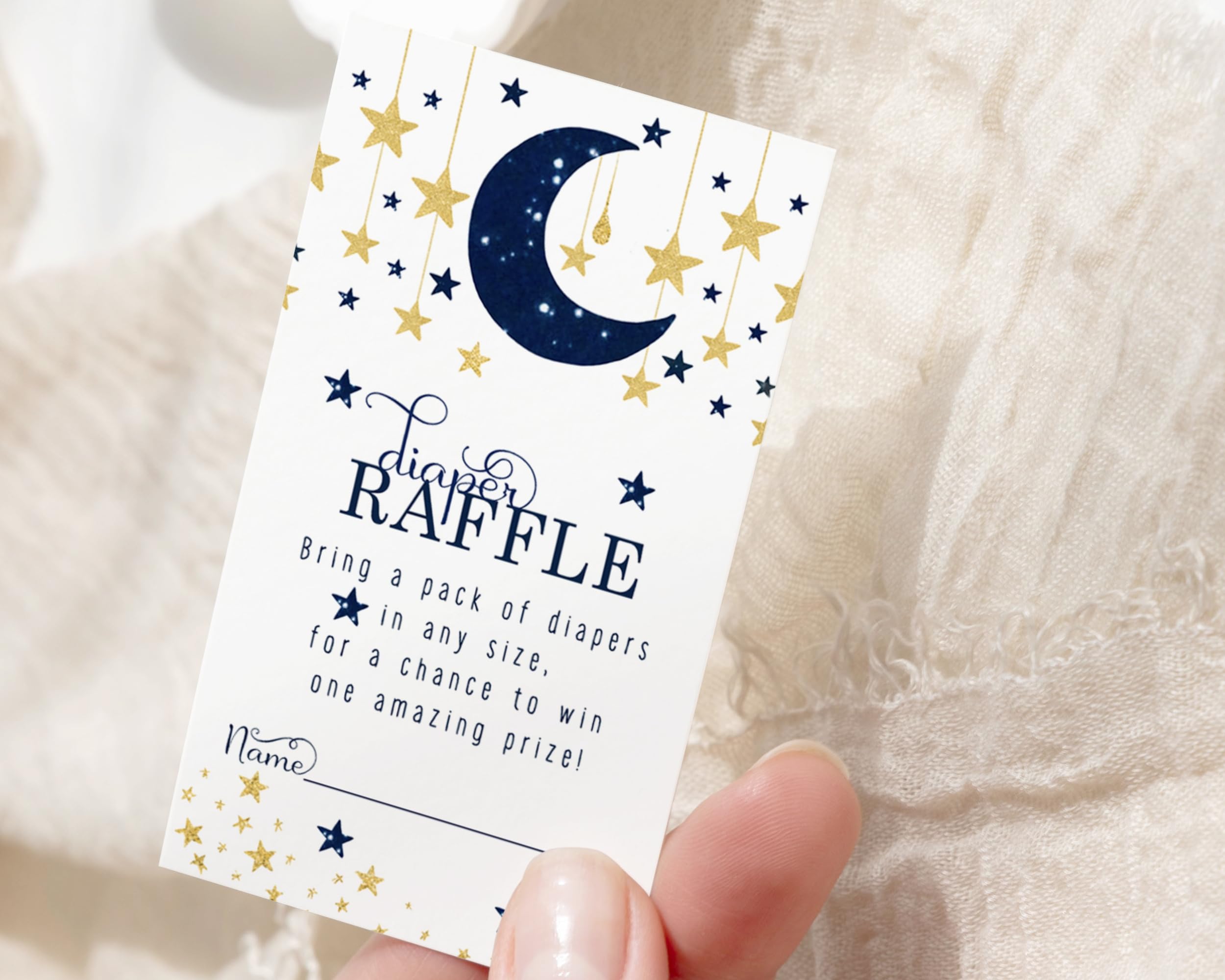 Twinkle Little Star Diaper Raffle Tickets, Celestial Baby Shower Games for Prizes, Navy and Gold Baby Shower Diaper Raffle Invitation Insert Cards, 50 Pack