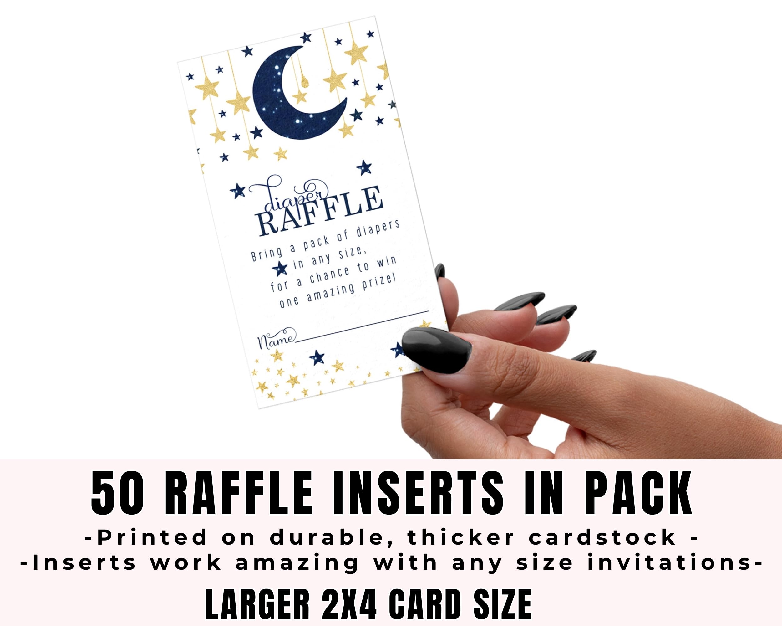 Twinkle Little Star Diaper Raffle Tickets, Celestial Baby Shower Games for Prizes, Navy and Gold Baby Shower Diaper Raffle Invitation Insert Cards, 50 Pack