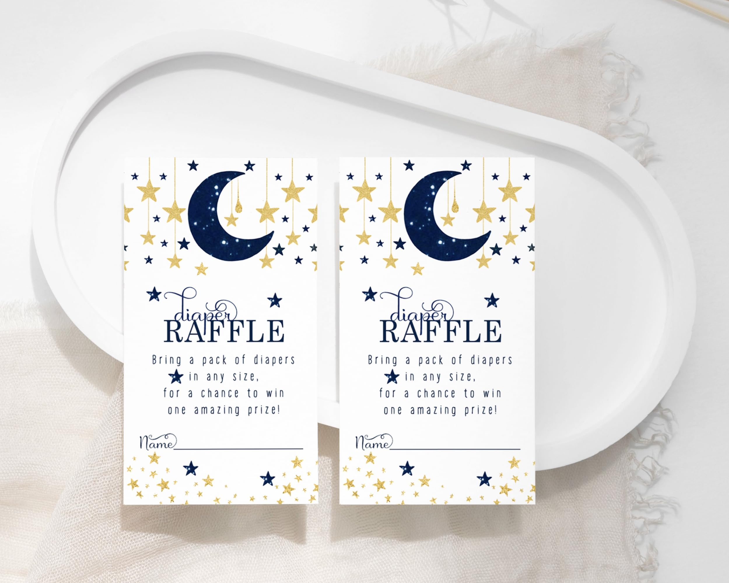 Twinkle Little Star Diaper Raffle Tickets, Celestial Baby Shower Games for Prizes, Navy and Gold Baby Shower Diaper Raffle Invitation Insert Cards, 50 Pack