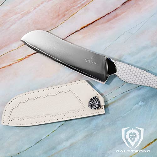 Dalstrong Santoku Knife - 7 inch - Frost Fire Series - High Chromium 10CR15MOV Stainless Steel - Frosted Sandblast Finish - White Honeycomb Handle Kitchen Knife - Leather Sheath - NSF Certified