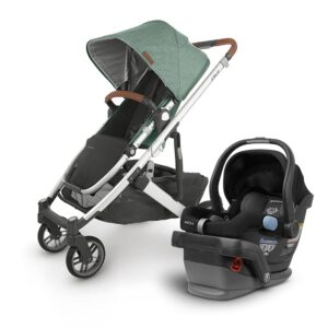 uppababy cruz v2 stroller - emmett (green melange/silver/saddle leather) + mesa infant car seat - jake (black)