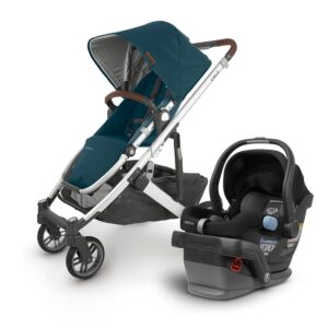 uppababy cruz v2 stroller - finn (deep sea/silver/chestnut leather) + mesa infant car seat - jake (black)