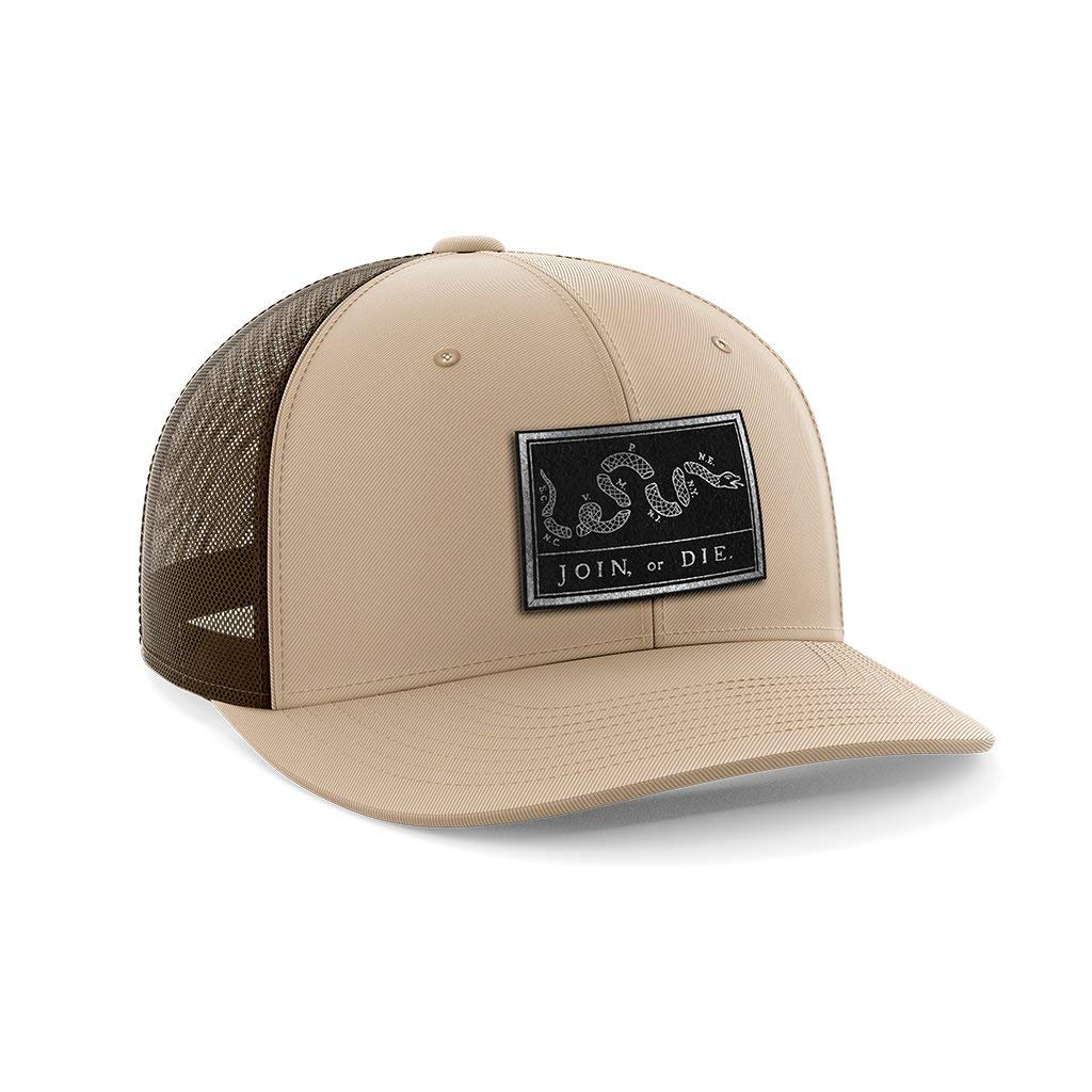 Join Or Die Flag Black Leather Patch Hat (Khaki/Coffee) - Adjustable Trucker Hats with Snapback