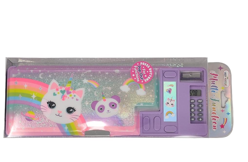 Hot Focus Caticorn Multifunction Pencil Case, Pencil Box with 2 Compartments for Girls. A Unique Stationery Set with Pop Out Calculator and Pencil Sharpener. Best Back to School Gift Set for Girls