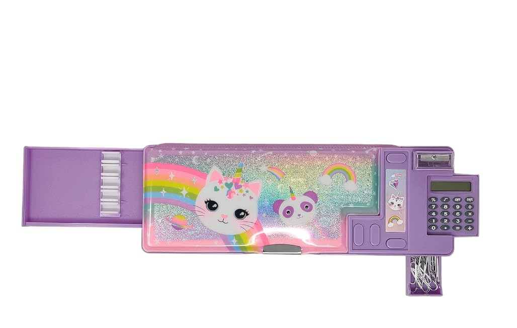 Hot Focus Caticorn Multifunction Pencil Case, Pencil Box with 2 Compartments for Girls. A Unique Stationery Set with Pop Out Calculator and Pencil Sharpener. Best Back to School Gift Set for Girls