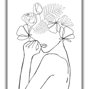 Woman with Flowers on Head Line Art - 11x14 UNFRAMED Abstract Minimalist Decor Wall Print in Black on White.