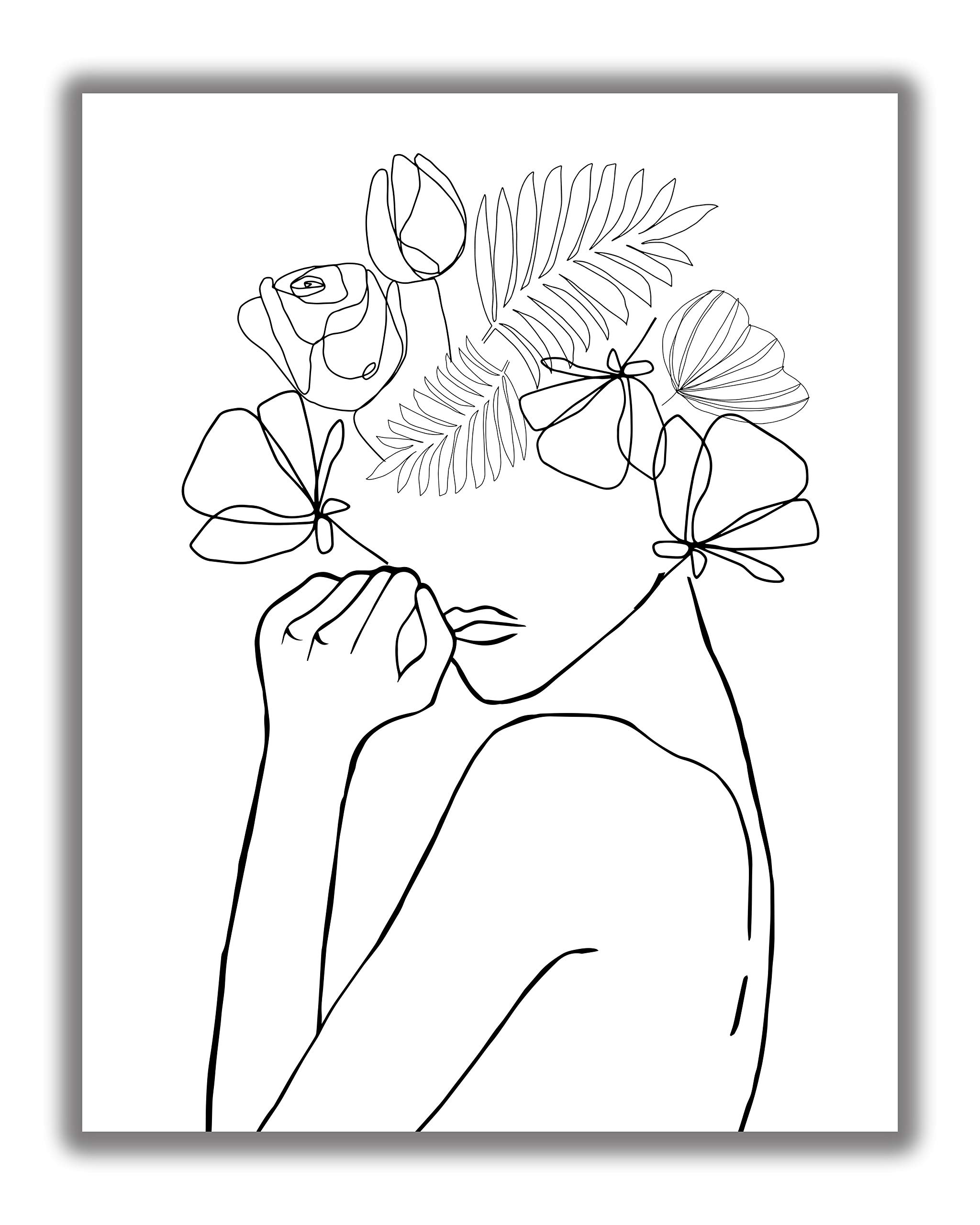 Woman with Flowers on Head Line Art - 11x14 UNFRAMED Abstract Minimalist Decor Wall Print in Black on White.