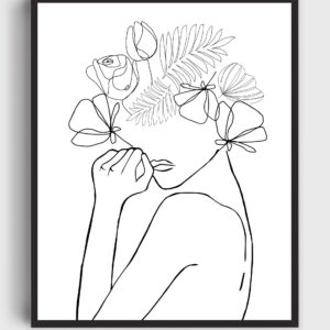 Woman with Flowers on Head Line Art - 11x14 UNFRAMED Abstract Minimalist Decor Wall Print in Black on White.