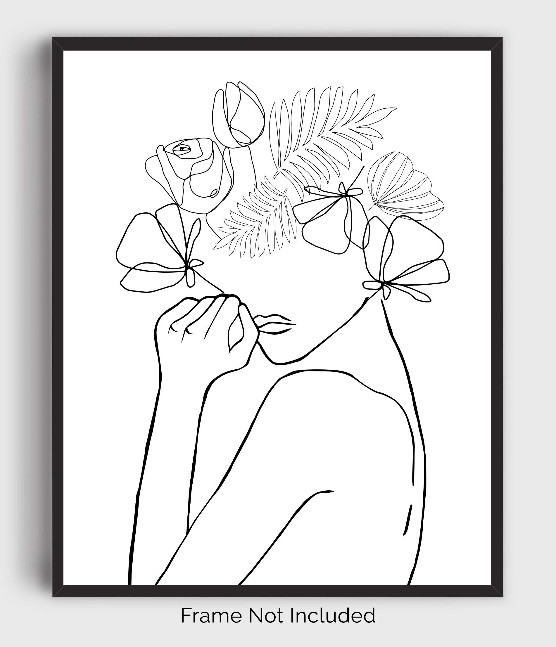 Woman with Flowers on Head Line Art - 11x14 UNFRAMED Abstract Minimalist Decor Wall Print in Black on White.