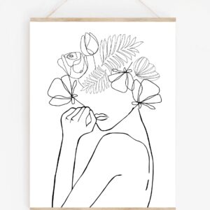 Woman with Flowers on Head Line Art - 11x14 UNFRAMED Abstract Minimalist Decor Wall Print in Black on White.