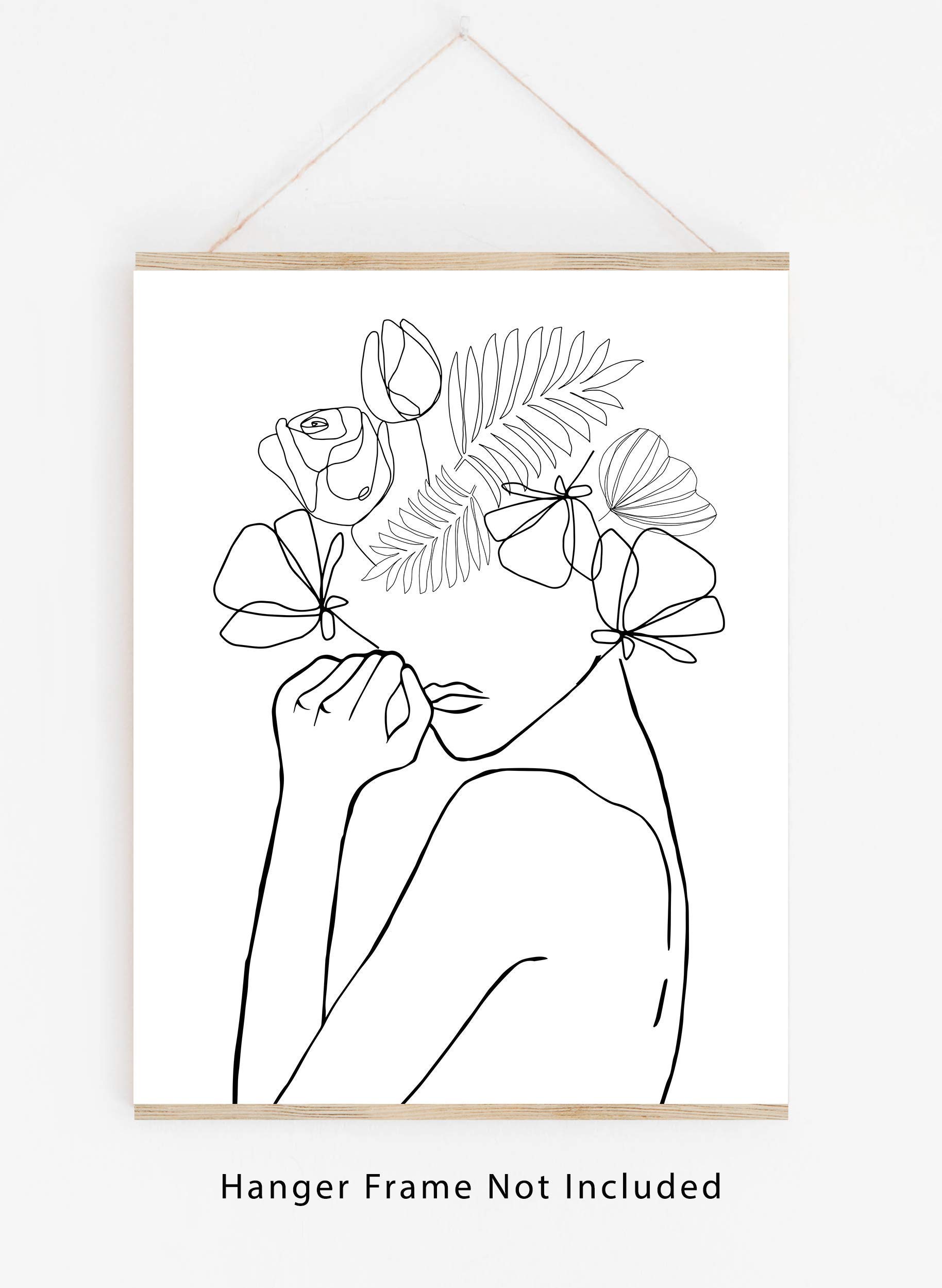 Woman with Flowers on Head Line Art - 11x14 UNFRAMED Abstract Minimalist Decor Wall Print in Black on White.