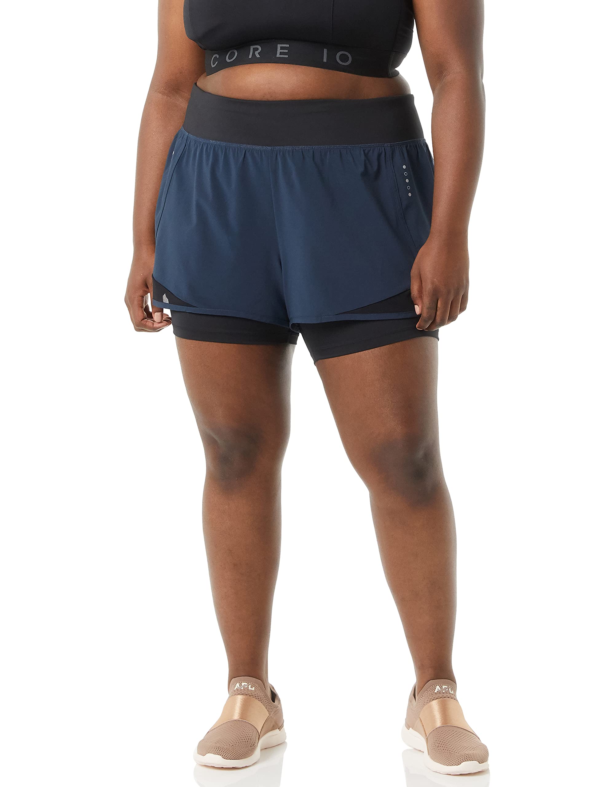 Amazon Essentials Women's Standard-fit Knit Waistband 2-in-1 Woven Running Short (Previously Core 10), Navy/Black, 2X