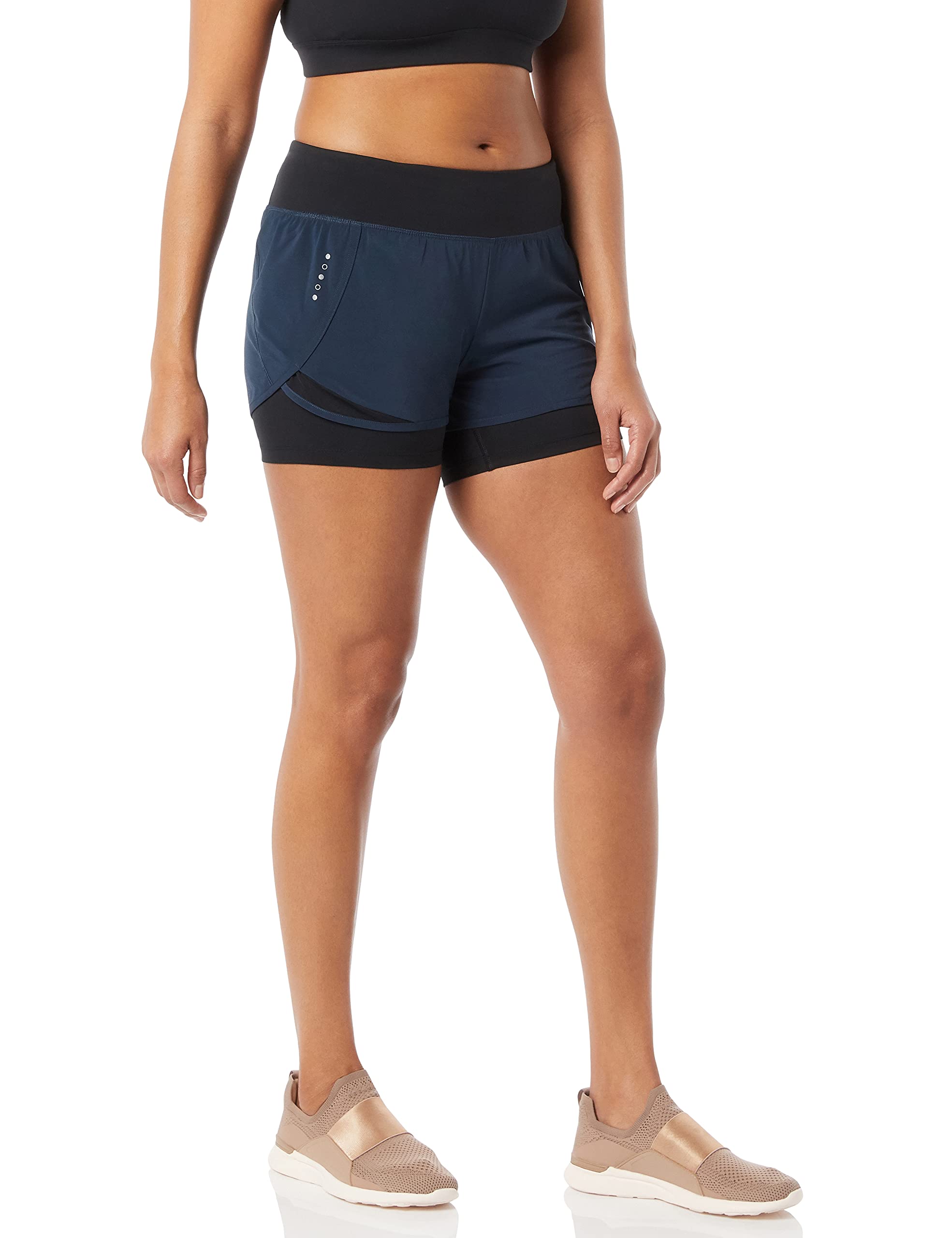 Amazon Essentials Women's Standard-fit Knit Waistband 2-in-1 Woven Running Short (Previously Core 10), Navy/Black, 2X