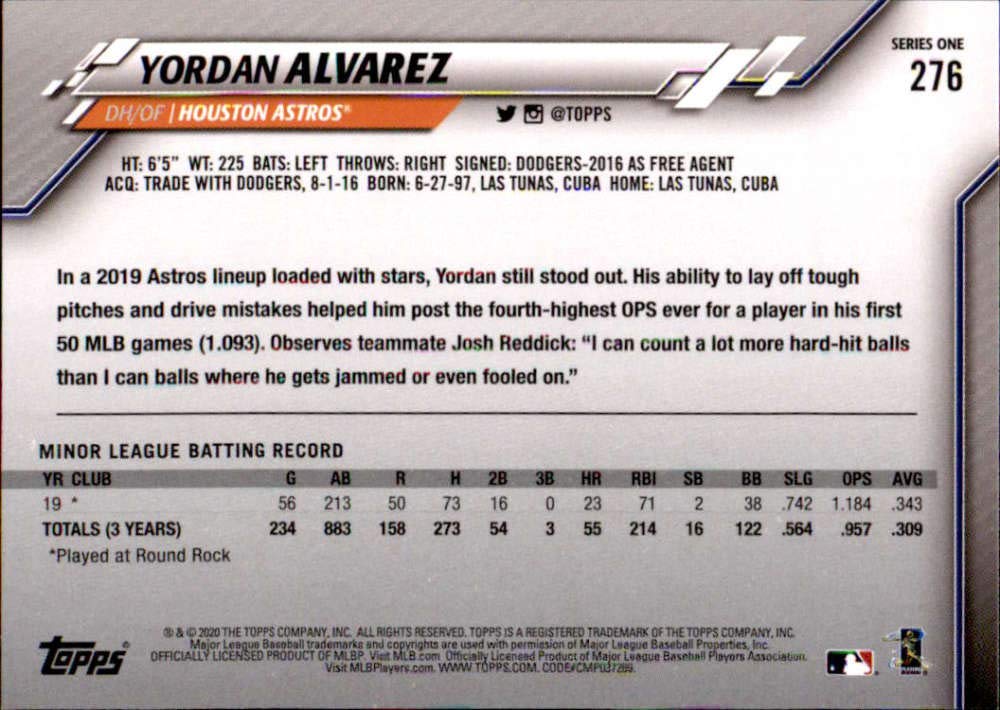 2020 Topps #276 Yordan Alvarez Houston Astros Rookie Baseball Card