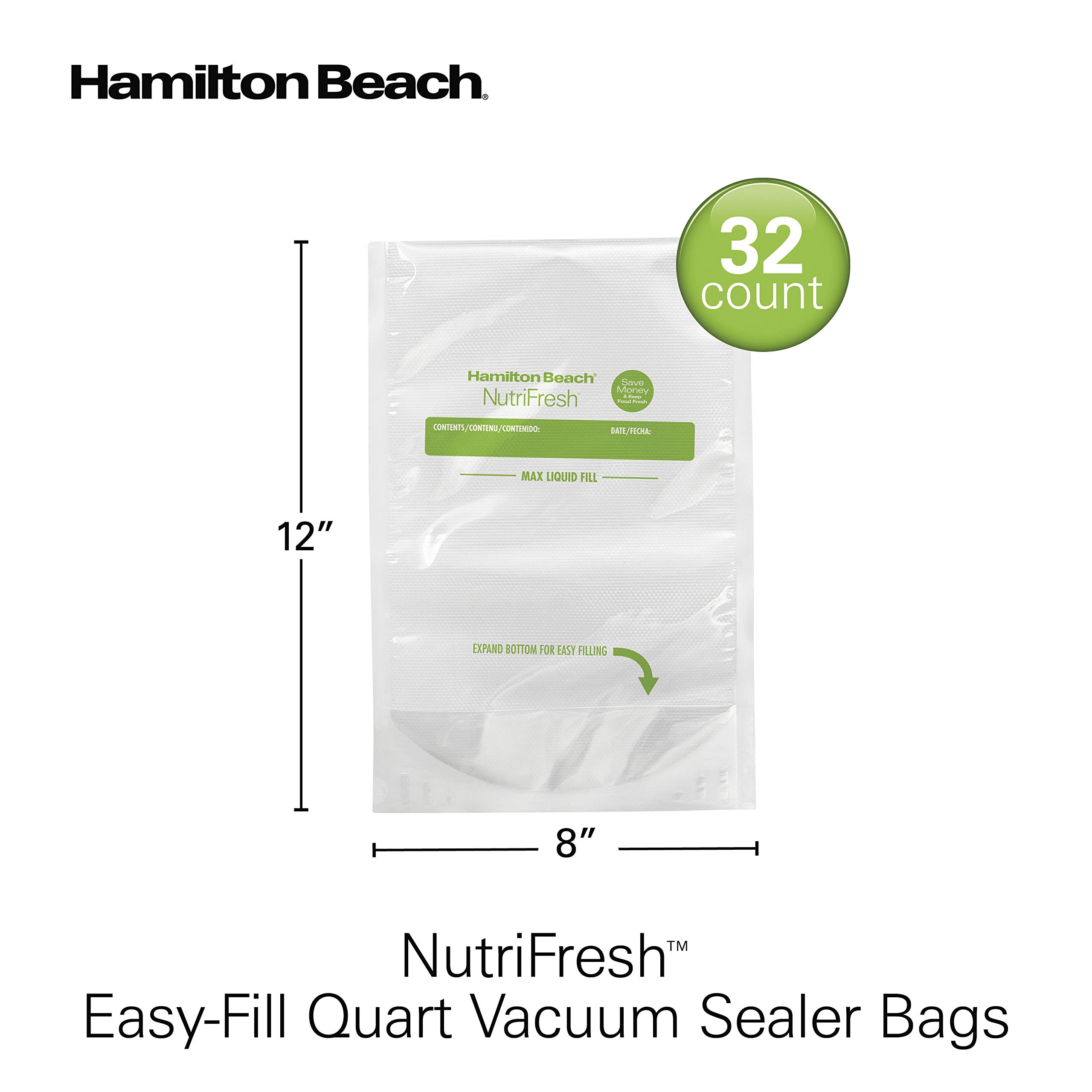 Hamilton Beach Easy-Fill 32 Count One Quart Vacuum Sealer Storage Bags for Food, BPA Free, 12” x 8”, Meal Prep and Sous Vide