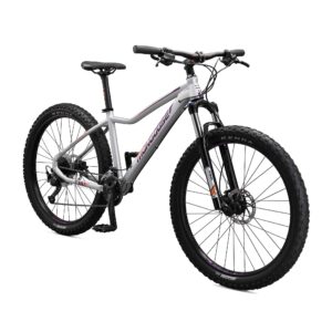 mongoose tyax sport adult mountain bike, 27.5-inch wheels, tectonic t2 aluminum frame, rigid hardtail, hydraulic disc brakes, womens small frame, white