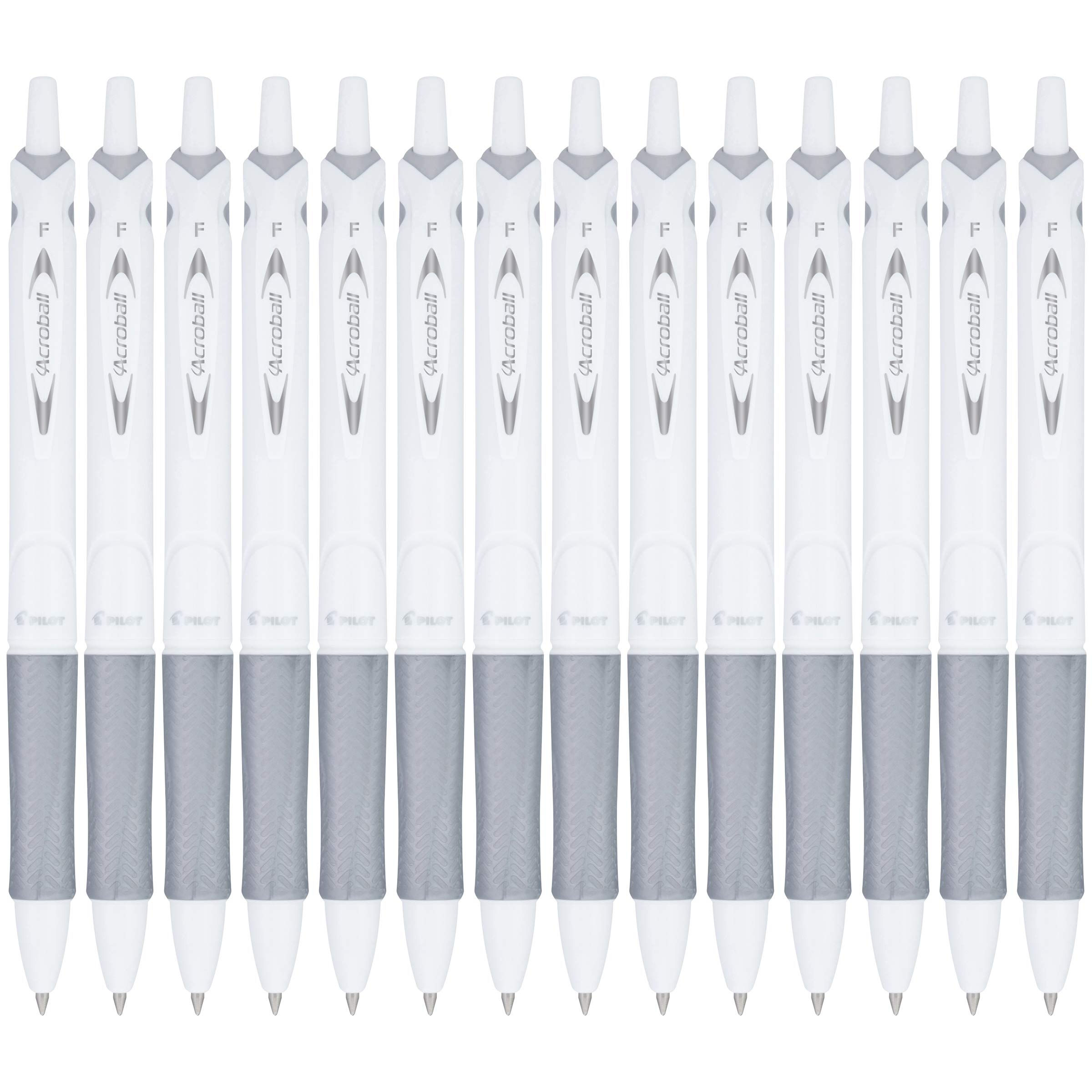 PILOT Acroball PureWhite Advanced Ink Refillable & Retractable Ball Point Pens with Silver Accents, Fine Point, Black Ink, 14-Pack (14694)