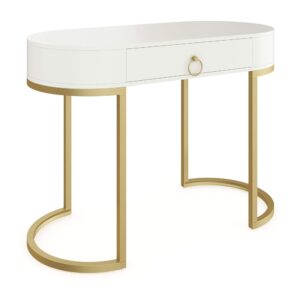 nathan james leighton small oval glam brass accents, vanity or writing desk for home or office, white/gold