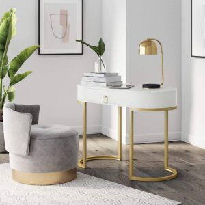 Nathan James Leighton Small Oval Glam Brass Accents, Vanity or Writing Desk for Home or Office, White/Gold