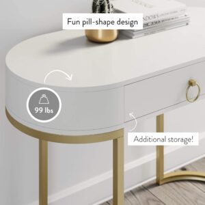 Nathan James Leighton Small Oval Glam Brass Accents, Vanity or Writing Desk for Home or Office, White/Gold