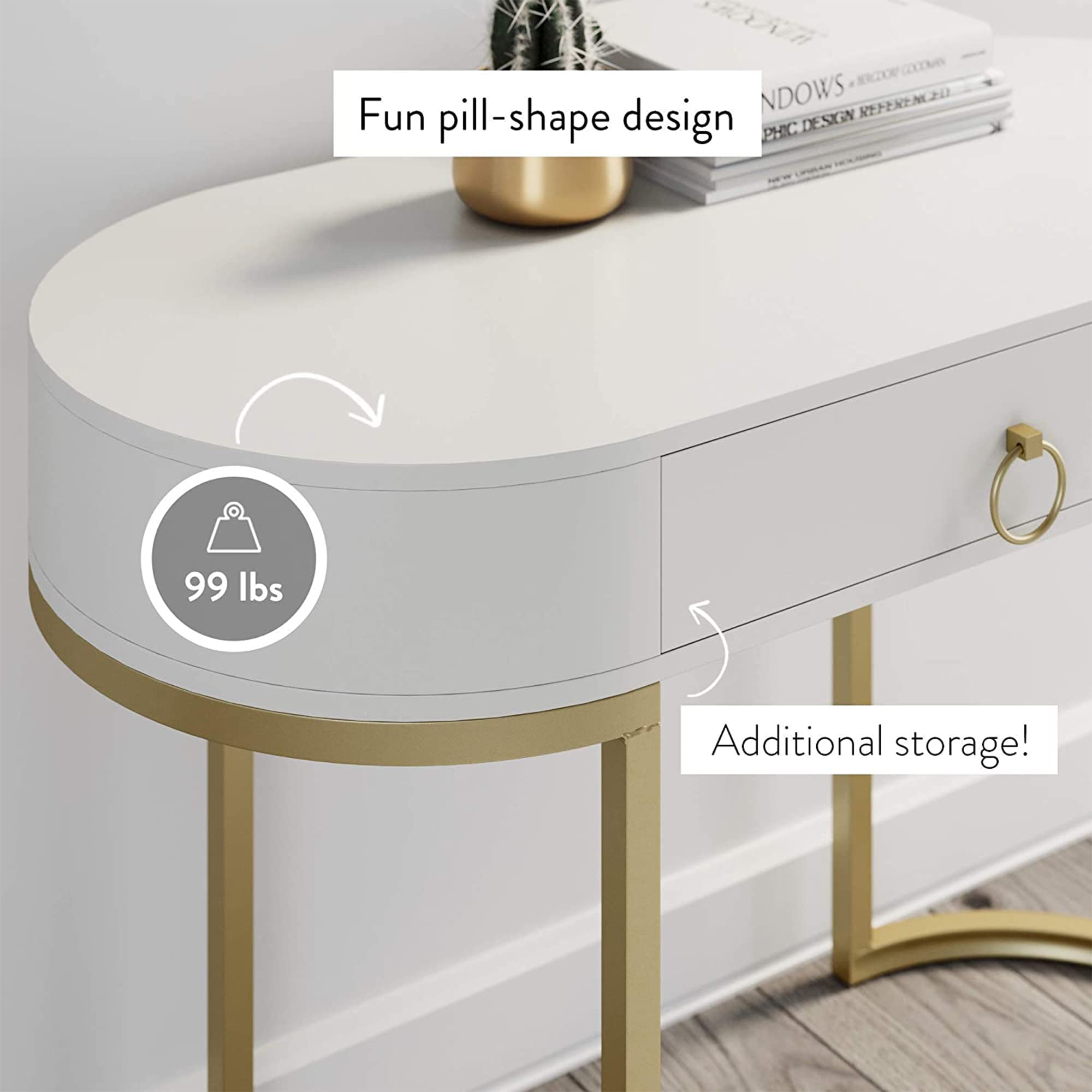 Nathan James Leighton Small Oval Glam Brass Accents, Vanity or Writing Desk for Home or Office, White/Gold