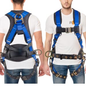 Palmer Safety Fall Protection Full Body 5 point Harness, Padded Back Support, Quick-Connect Buckle, Grommet Legs, Back&Side D-Rings, OSHA ANSI Industrial Roofing Tool Personal Equipment (Blue - MD)