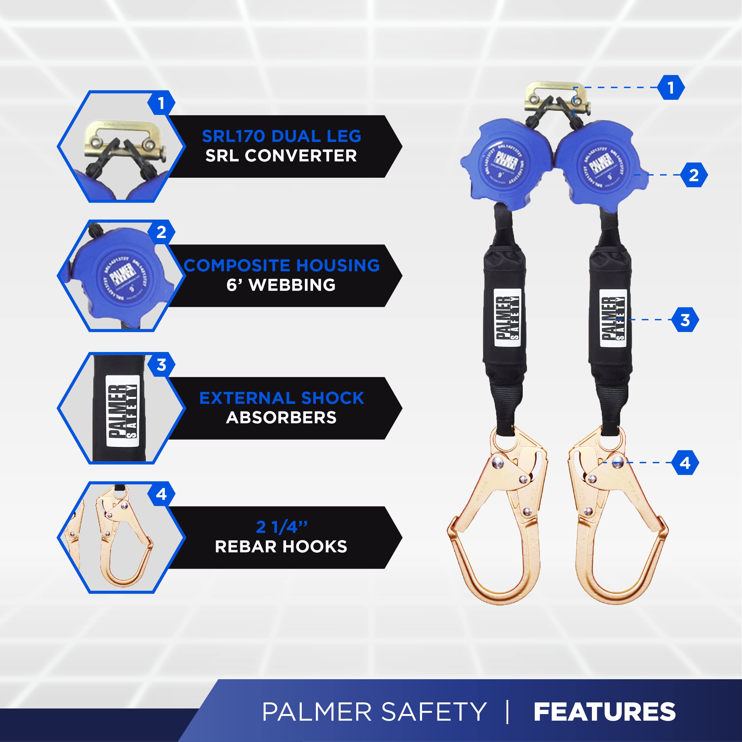 Palmer Safety Fall Protection SRL121122T Twin SRL 6' Lightweight Web with Rebar Hooks