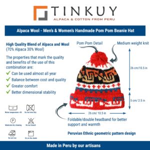 TINKUY Peru Geometric Pom Pom Beanie, Authentic Peruvian Alpaca Woolen Bobble Hats for Men and Women, Red